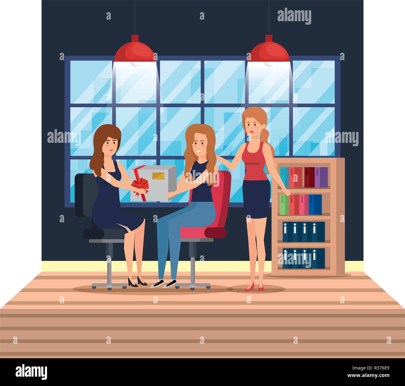 businesswomen sitting in office chair giving gift vector illustration ...
