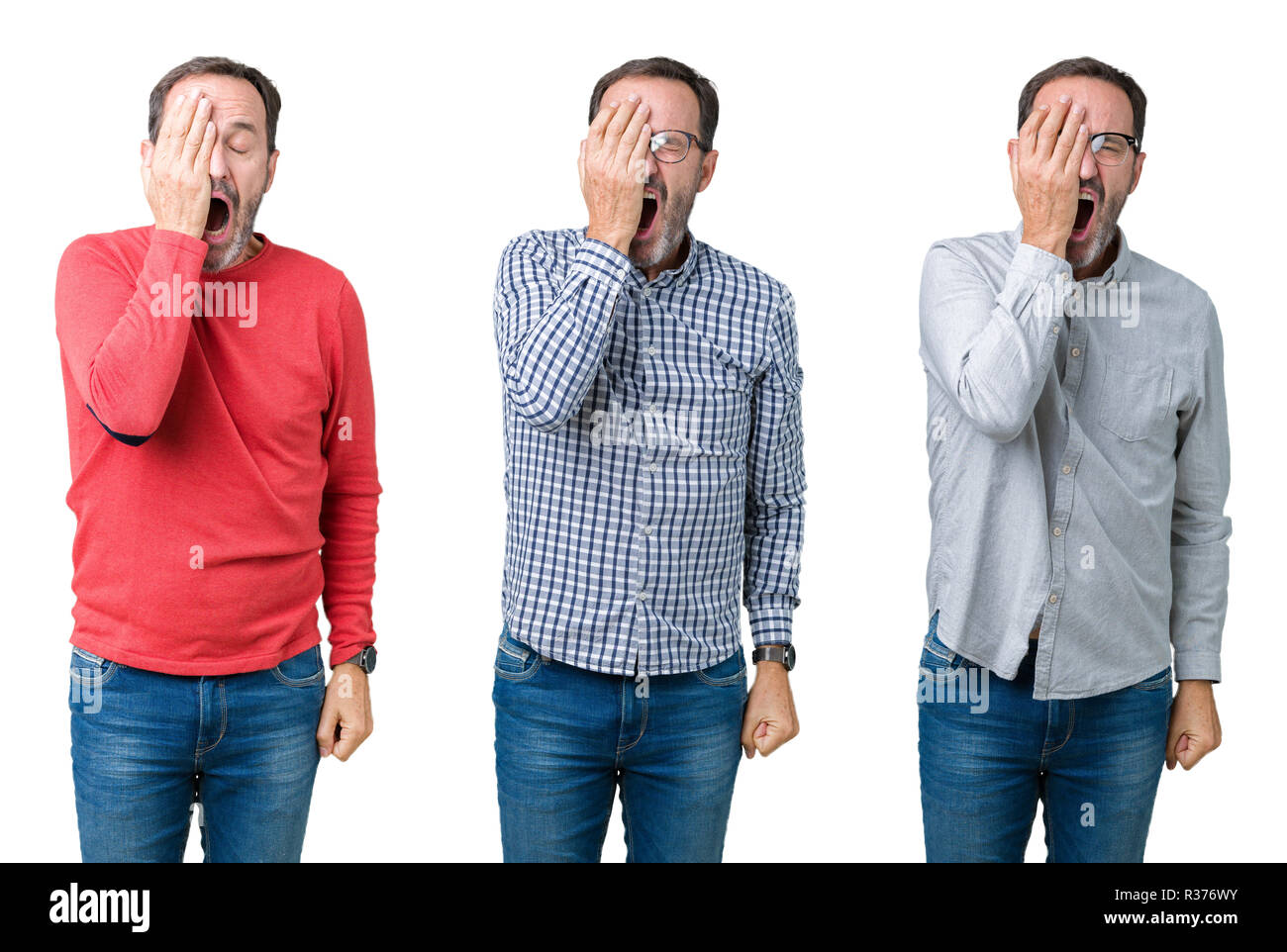 Collage of handsome senior man over white isolated background Yawning ...