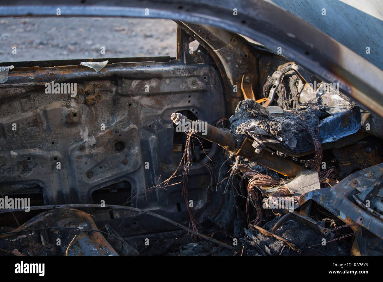 Closeup interior photo of a burnt out car wreck, fire damage Stock ...