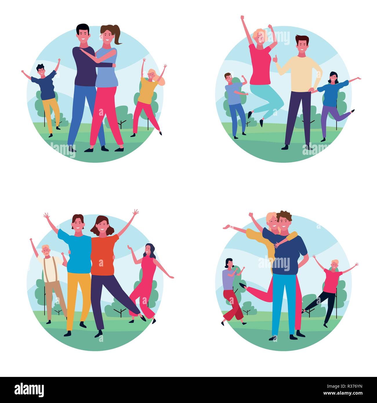 set of dancing people avatar with round icon vector illustration ...