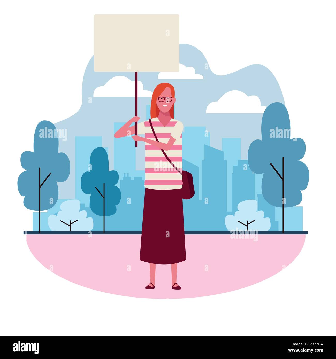 people with posters single person with round icon and parkscape vector ...