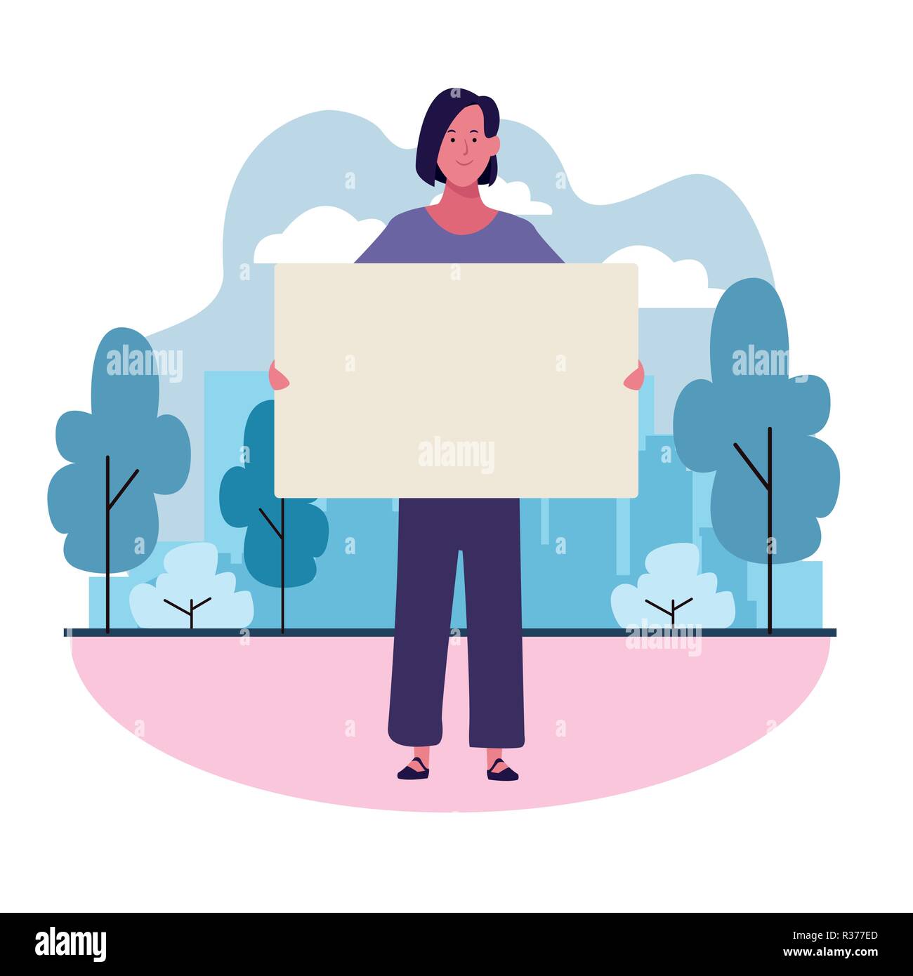 people with posters single person with round icon and parkscape vector ...