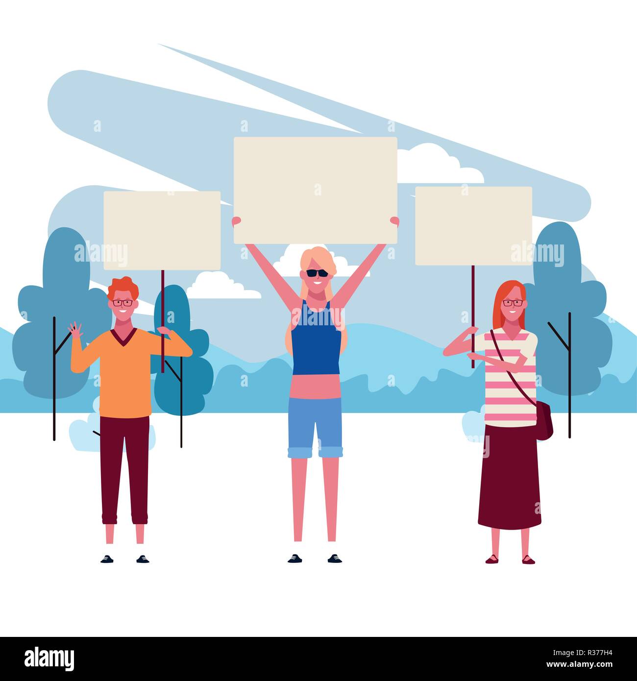 people with posters group with parkscape in brushprint vector ...