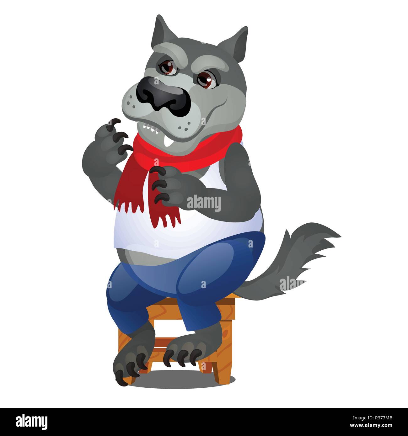 Animated gray wolf sitting on a wooden stool isolated on white ...