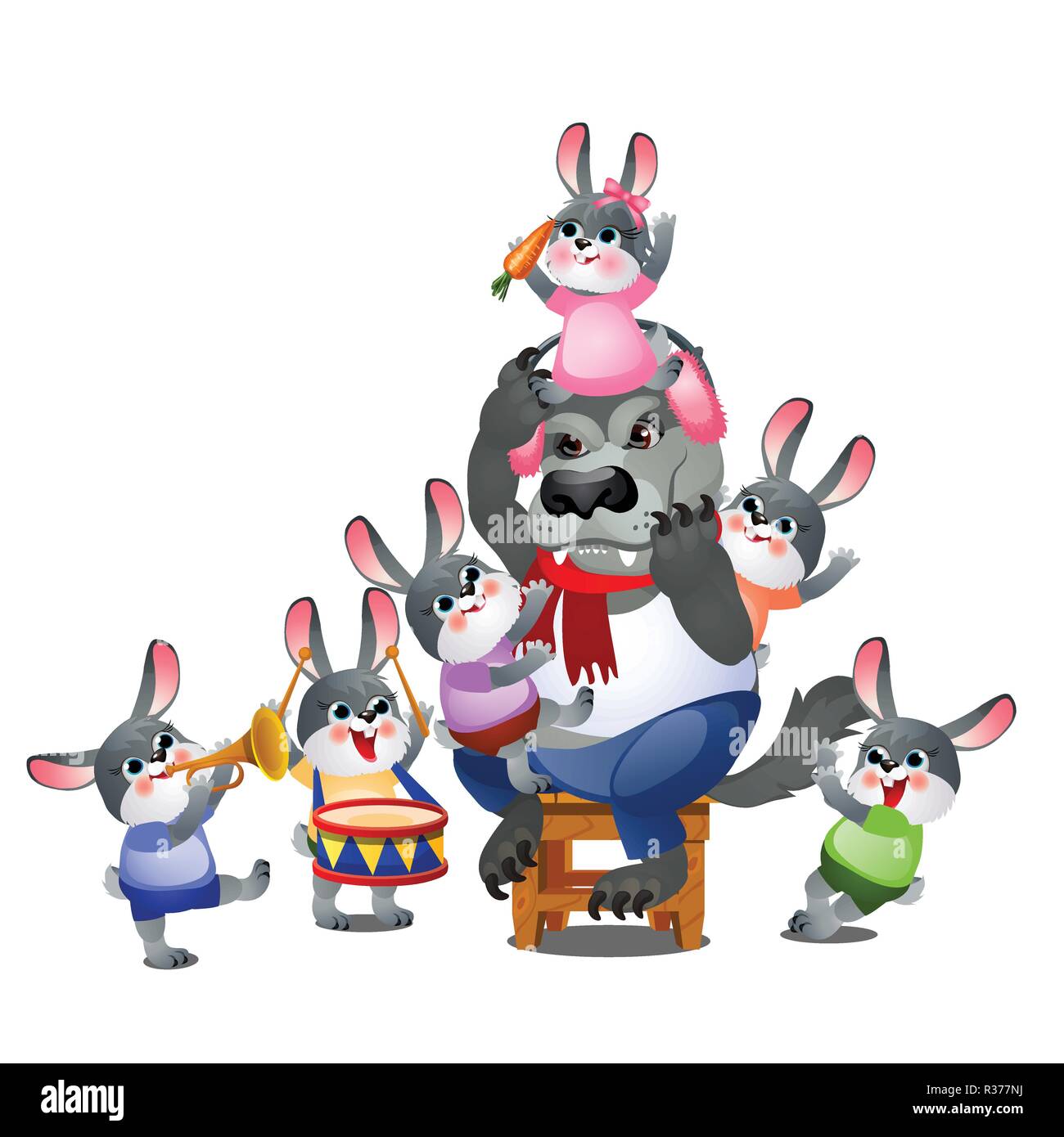 A set of animated happy little bunnies in clothes playing with wolf ...