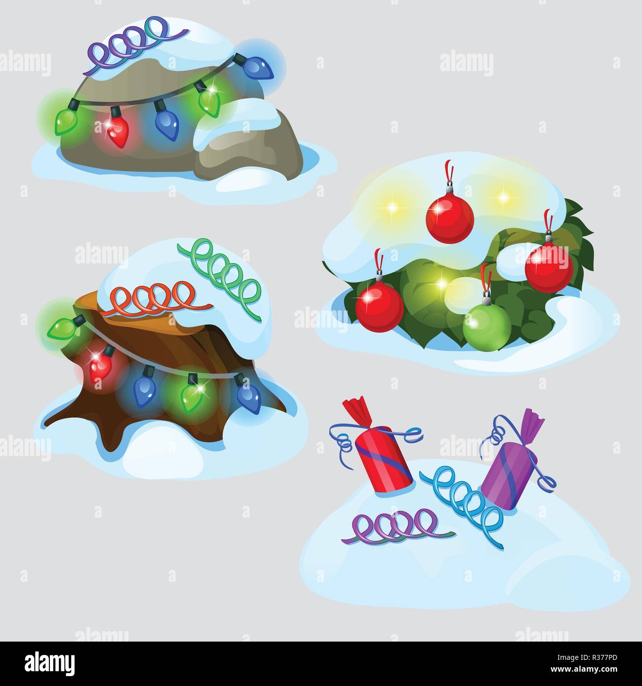 Set of snowy Christmas decorations and baubles isolated on grey ...