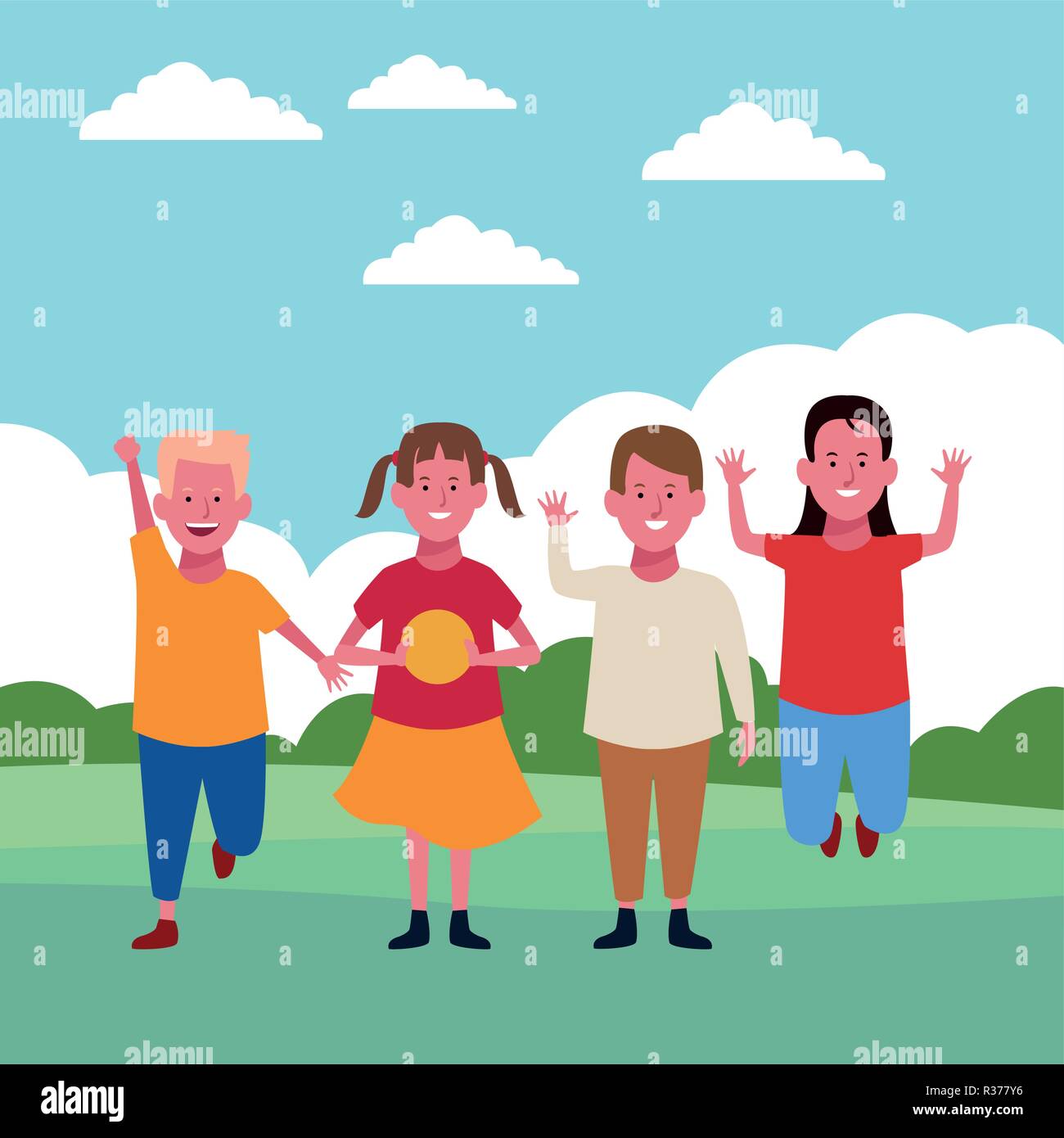 children having fun a group witn garden landscape vector illustration ...