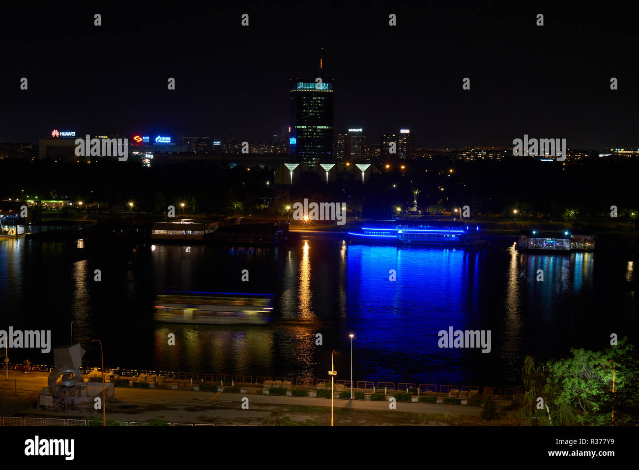 Belgrade, Serbia - May 05, 2018: Night view on Sava river with floating ...