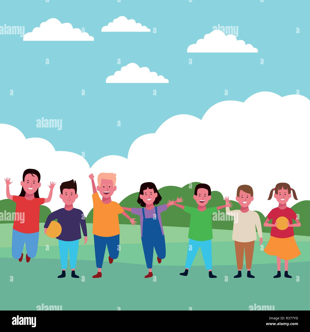 children having fun a group witn garden landscape vector illustration ...