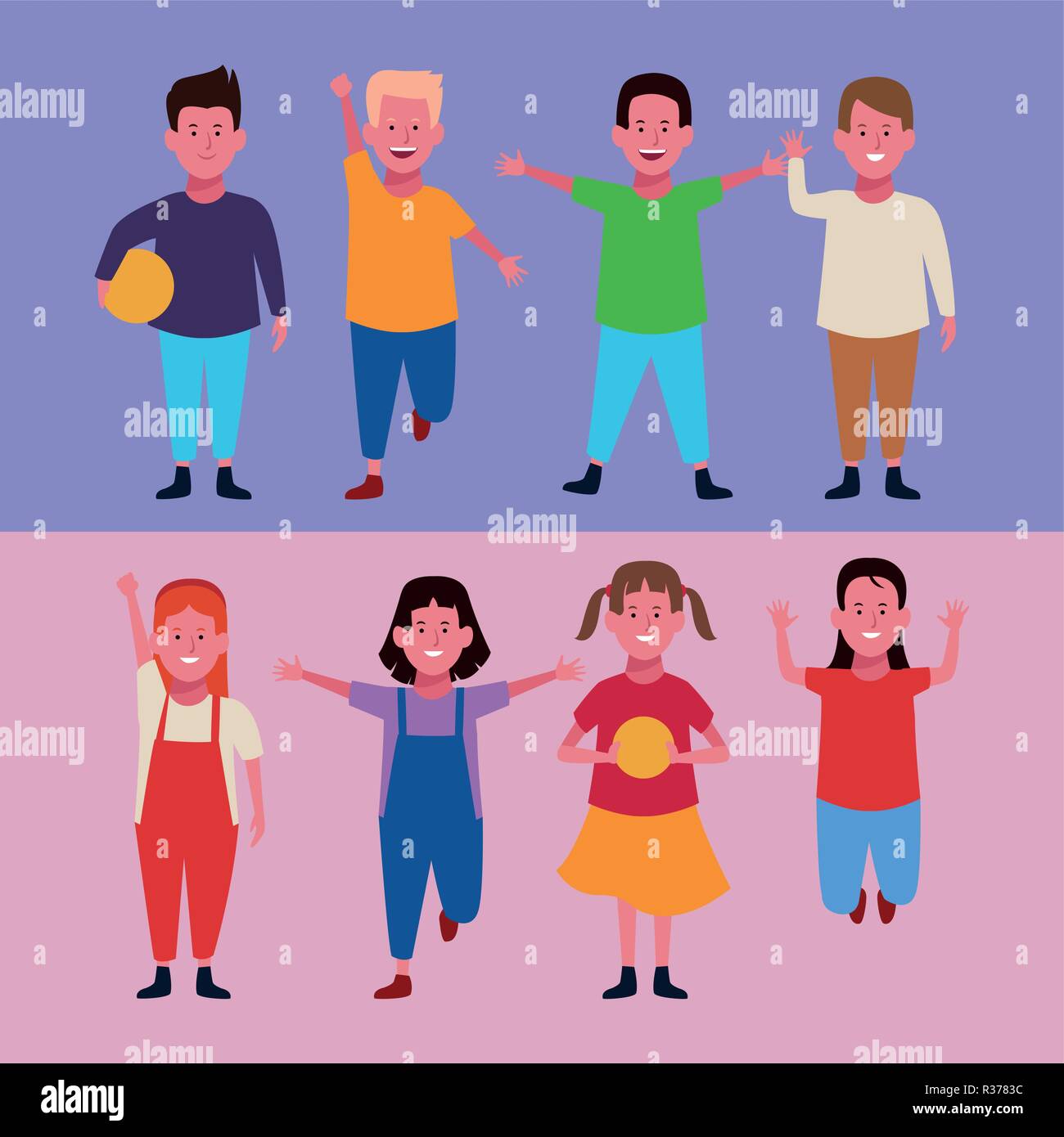 set of children having fun groups with colorful background vector ...