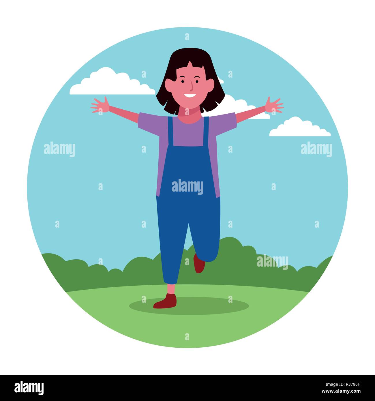 children having fun a single child with round icon and garden landscape ...