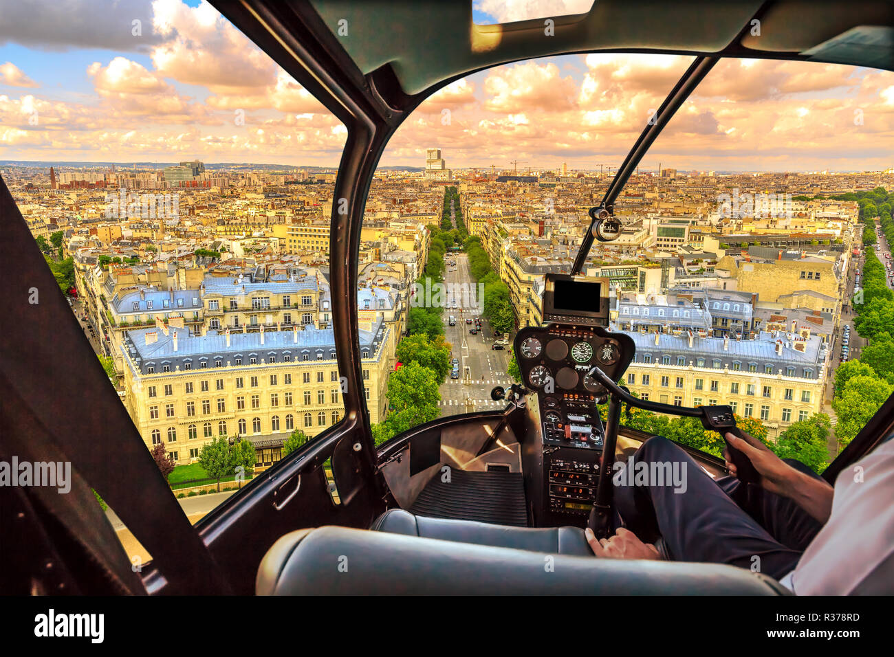 Helicopter cockpit flying on Paris skyline of the French capital ...