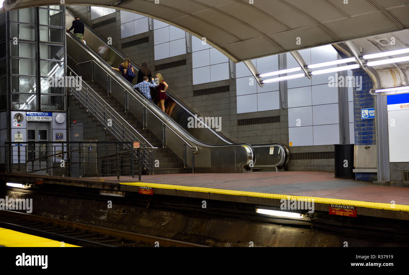 Platform and escalator up from "Wonderland" Boston subway station on ...