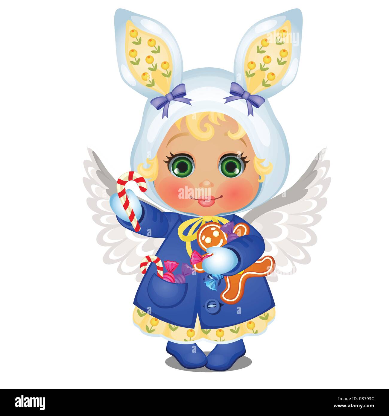 Animated cute little girl in winter clothes with angel wings and ...