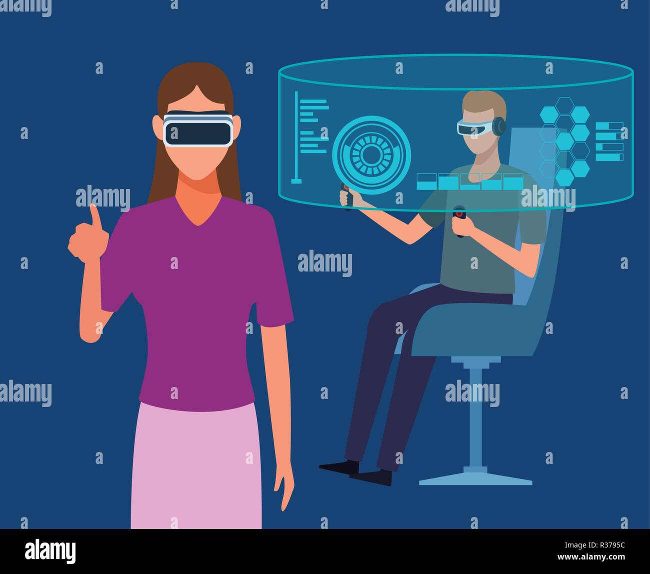 couple using Virtual reality technology avatar cartoons vector ...