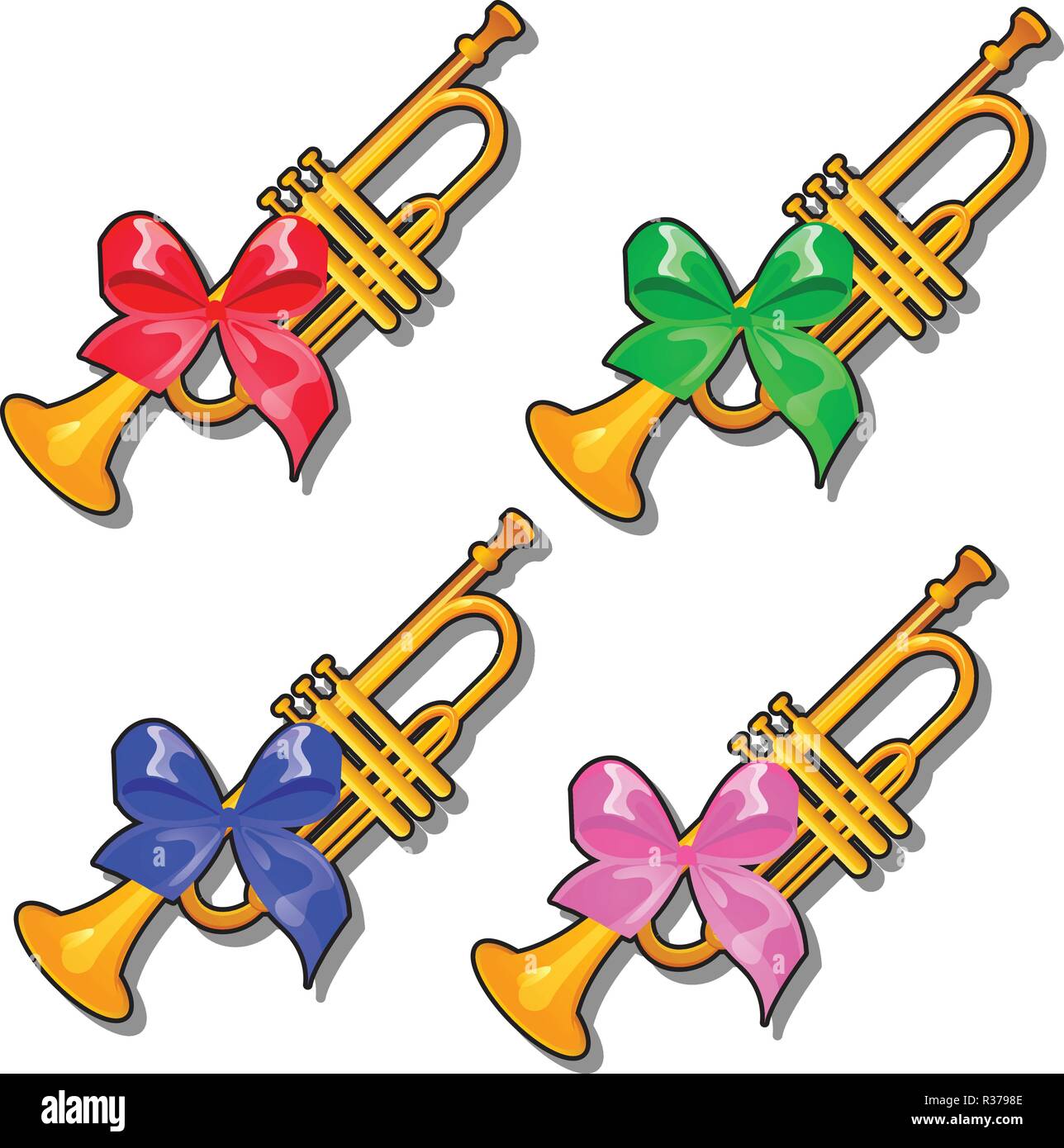 Set of golden pioneer trumpets with colored ribbon bow isolated on ...