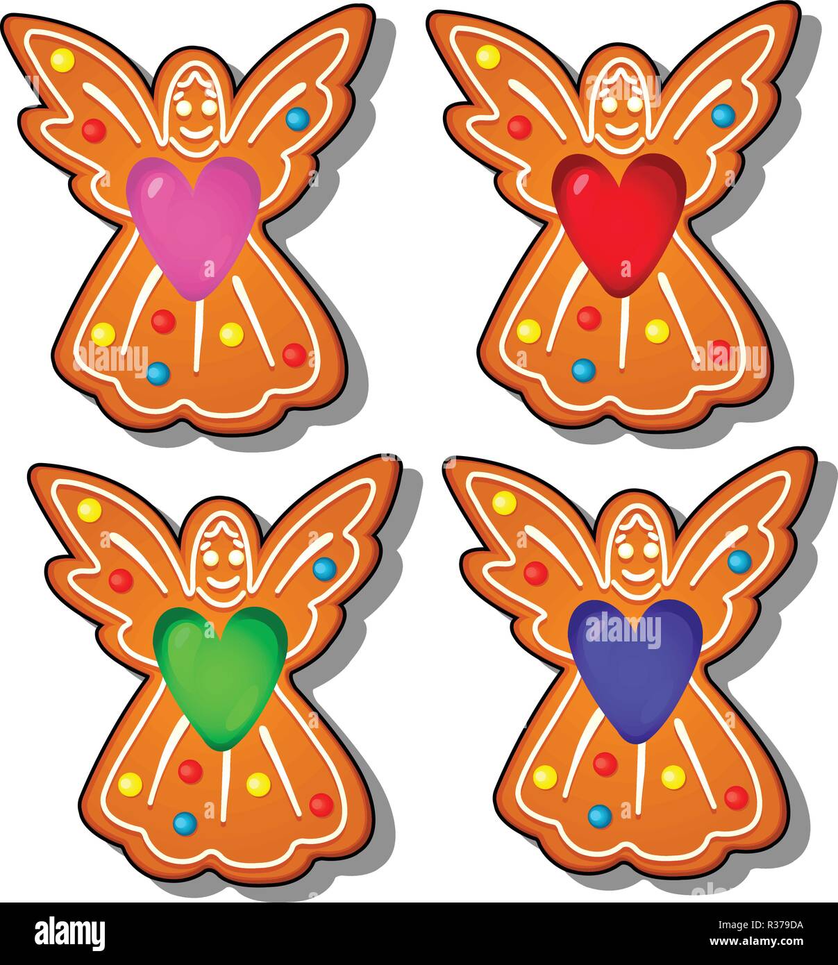Set of delicious gingerbread in the shape of an angels isolated on ...