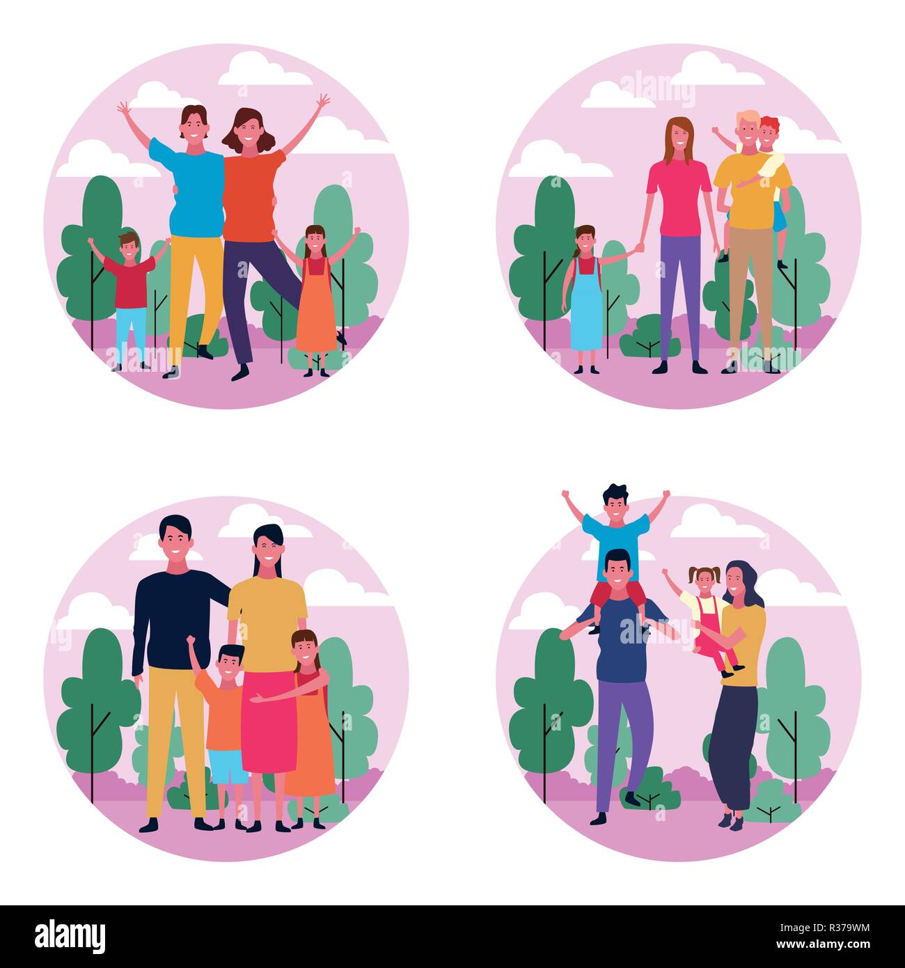 set of family group avatar with round icon parkscape vector ...