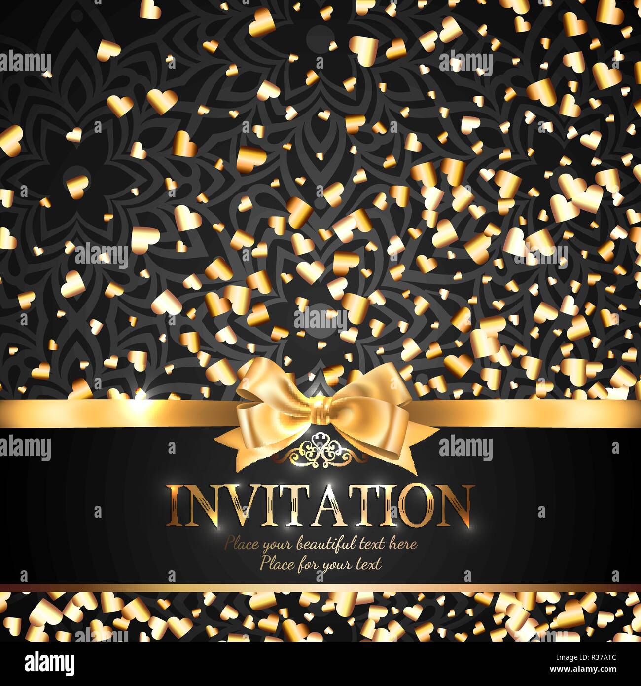 Gorgeous and shiny invitation card or banner with gold ribbon bow and ...