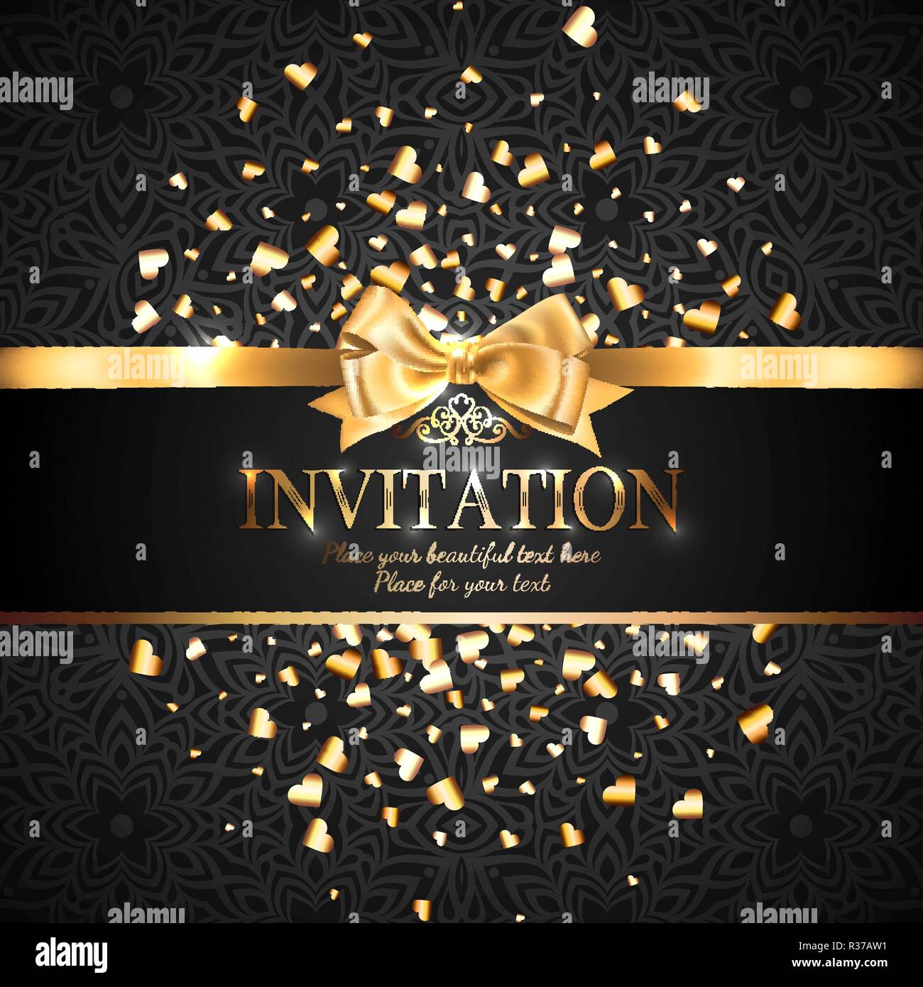 Gorgeous and shiny invitation card or banner with gold ribbon bow and ...