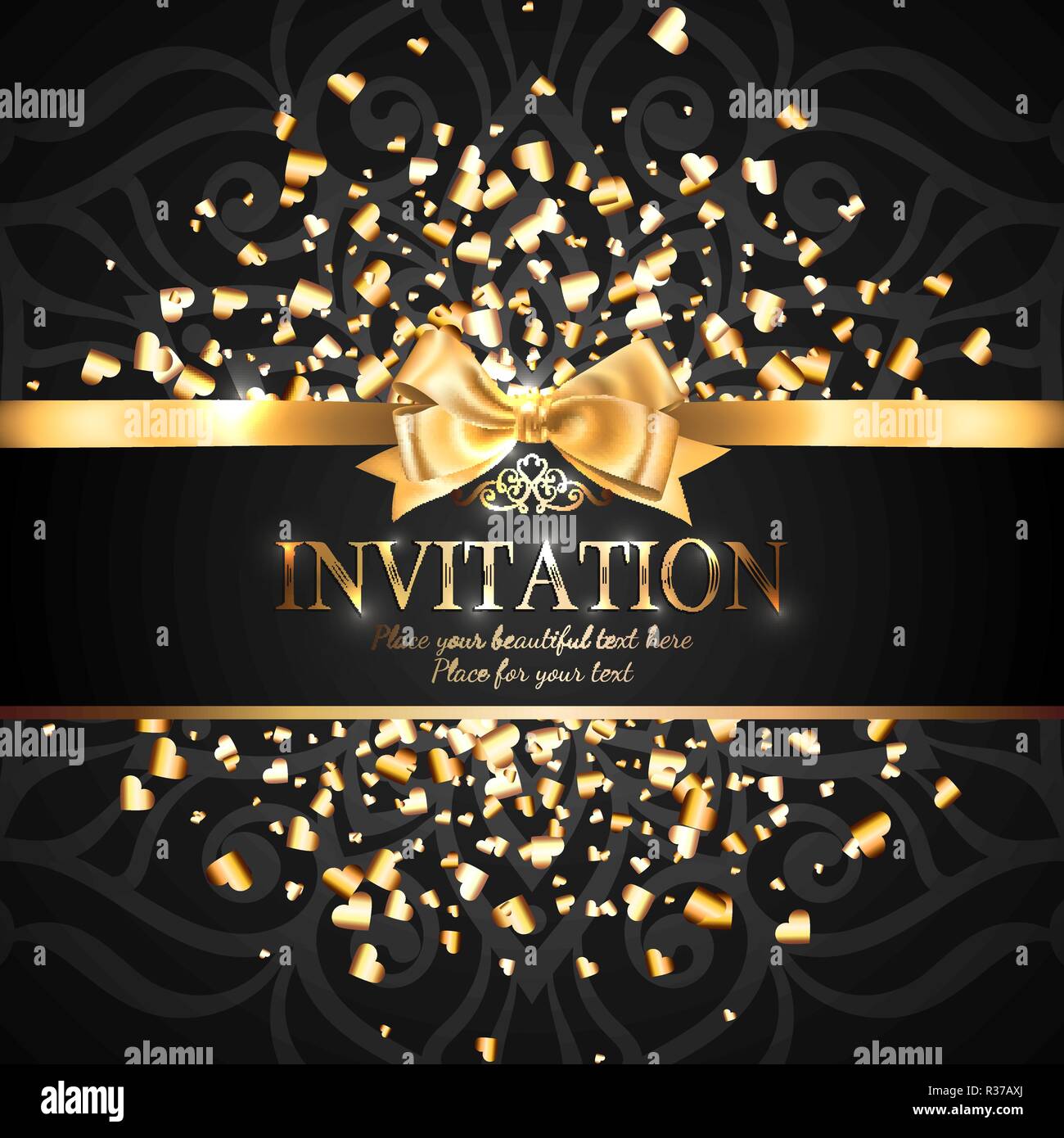 Gorgeous and shiny invitation card or banner with gold ribbon bow and ...