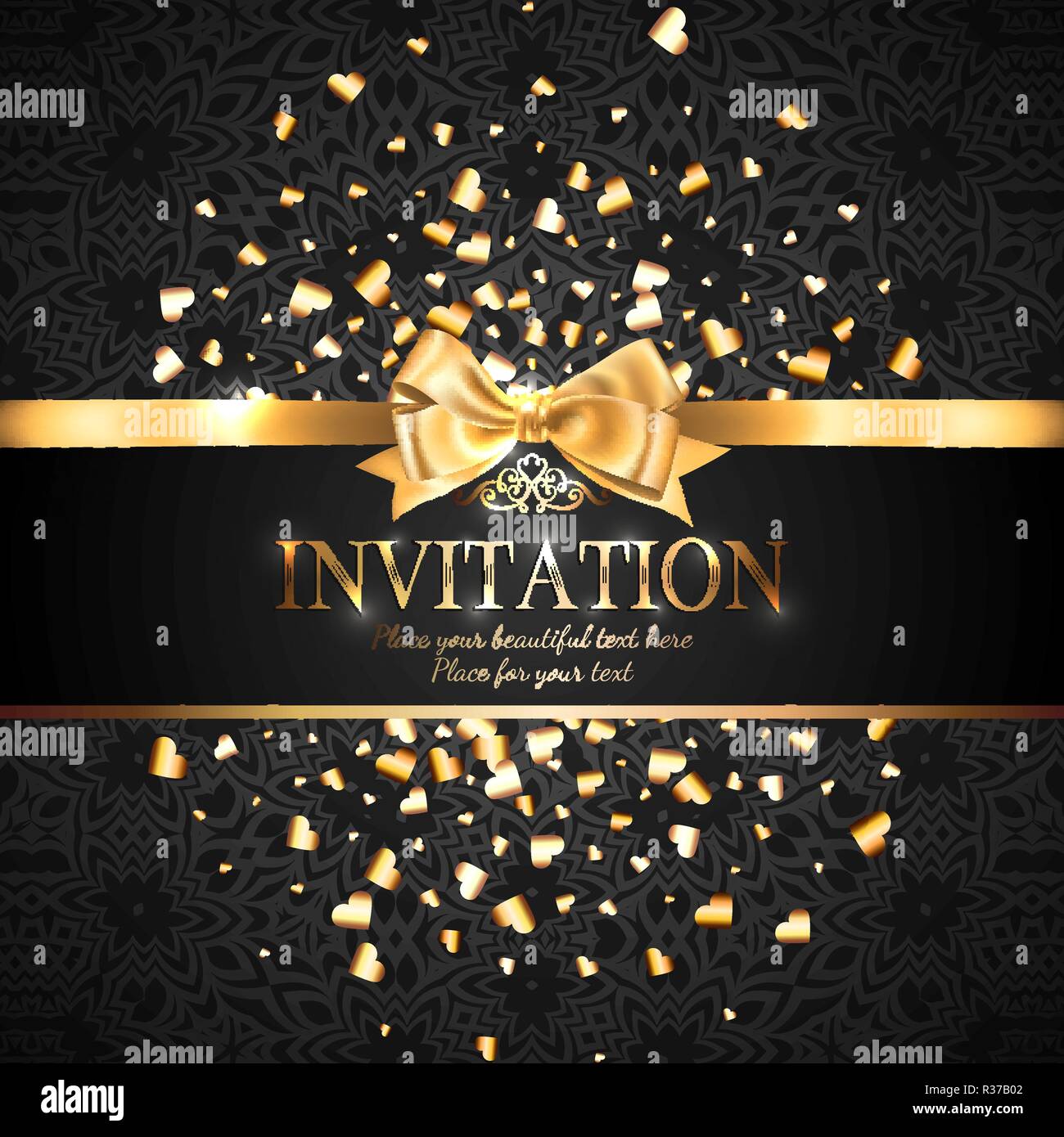 Gorgeous and shiny invitation card or banner with gold ribbon bow and ...