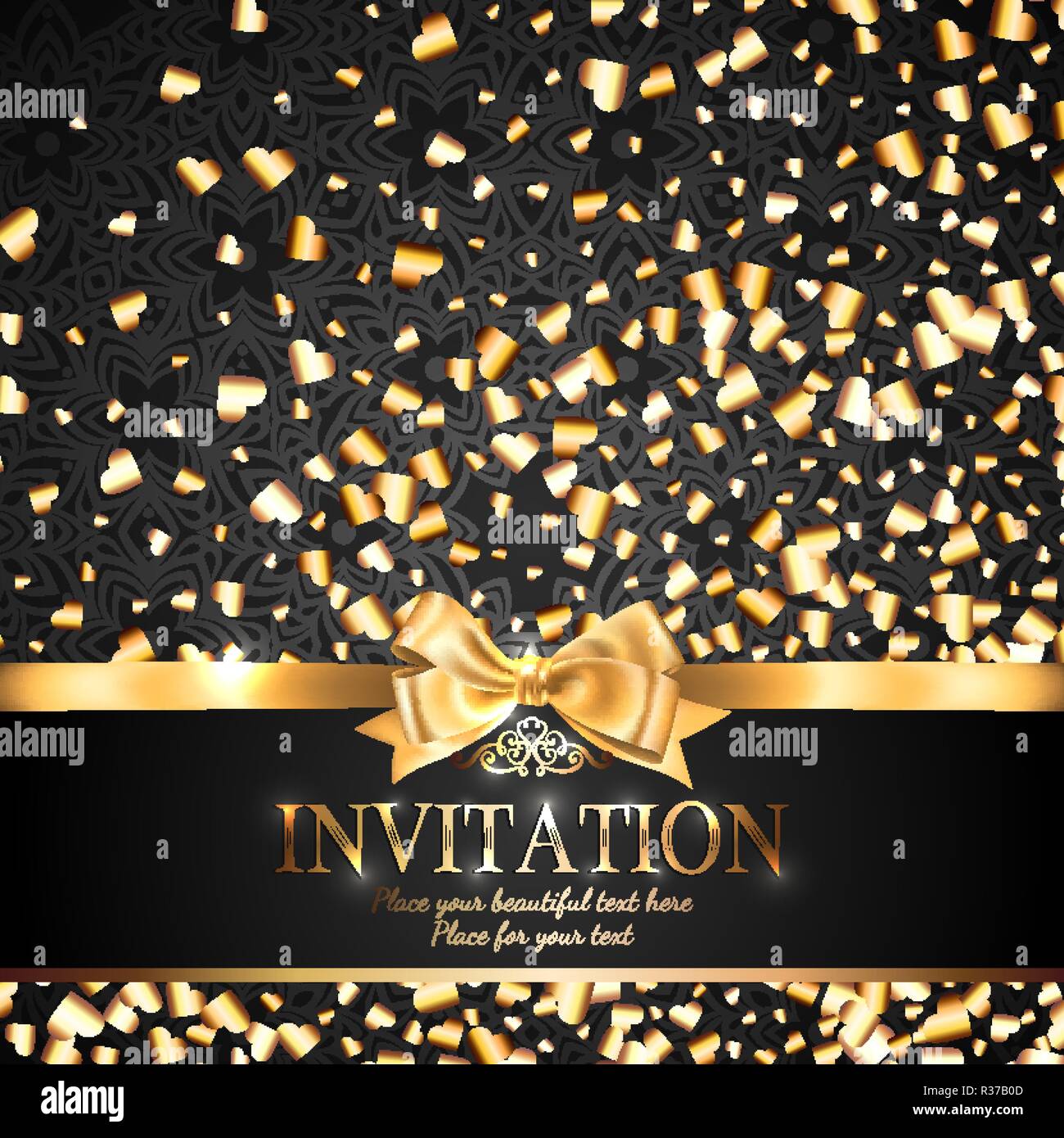 Gorgeous and shiny invitation card or banner with gold ribbon bow and ...
