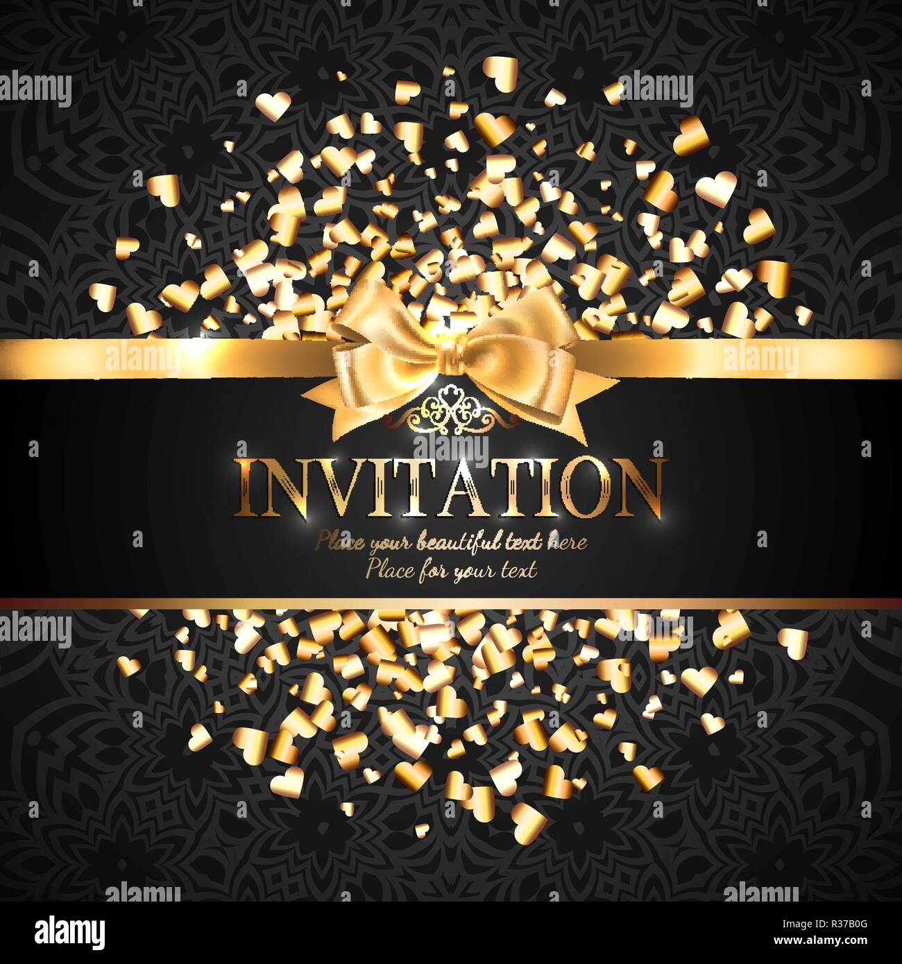 Gorgeous and shiny invitation card or banner with gold ribbon bow and ...