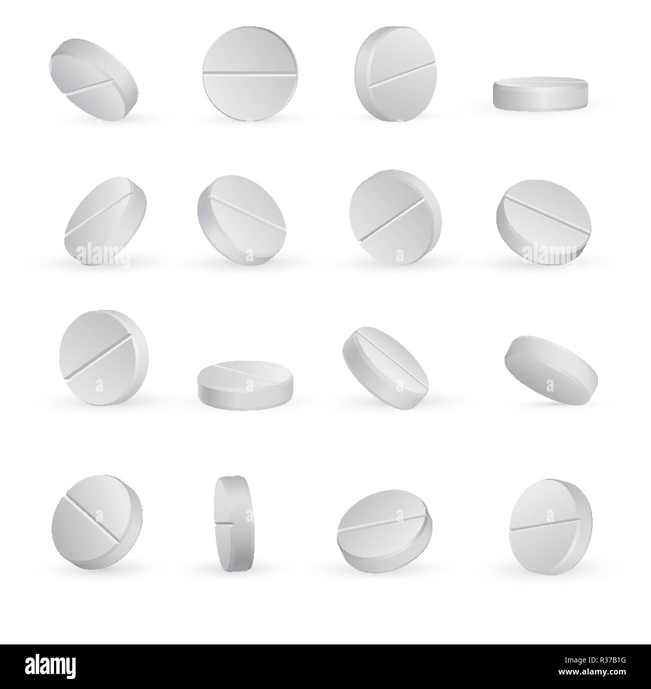 Round white medical pills in different positions. Vector set consisting ...