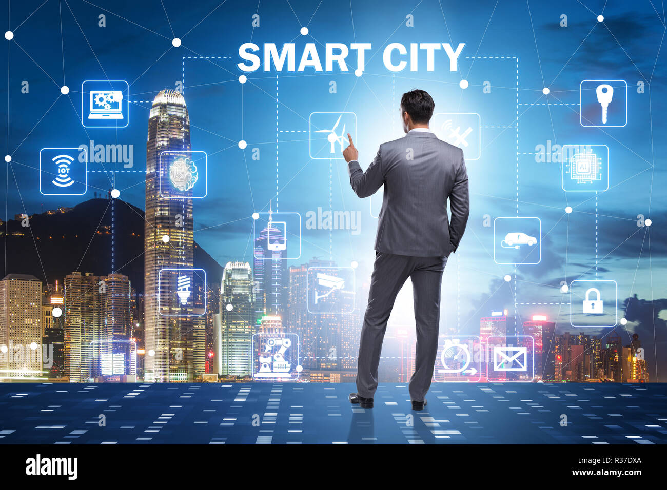 Concept of smart city with businessman pressing buttons Stock Photo - Alamy