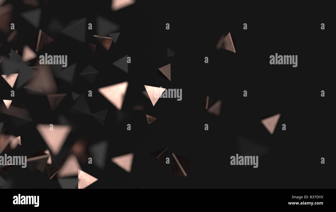 Abstract triangle particles. Pink gold and black. 3d render ...