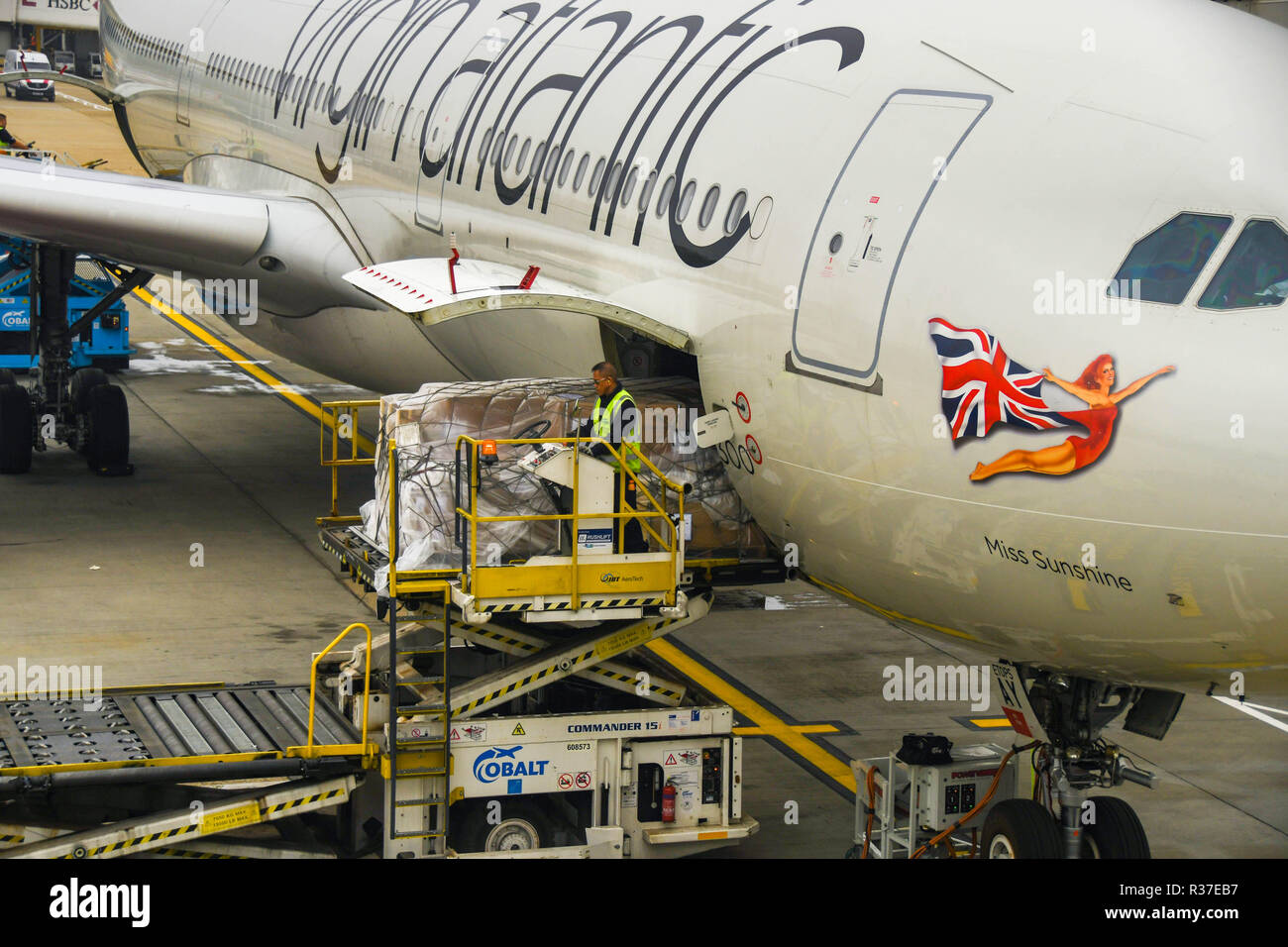 LONDON HEATHROW AIRPORT - JUNE 2018: Air freight pallet being loaded ...