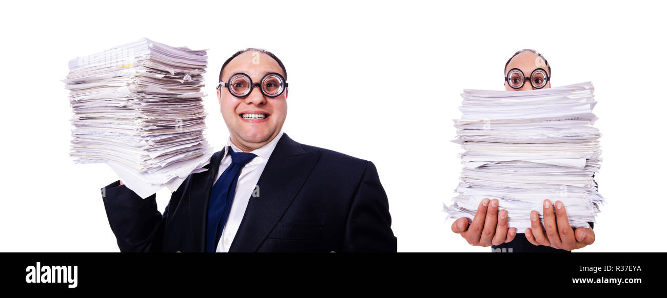 Funny man with lots of folders on white Stock Photo - Alamy