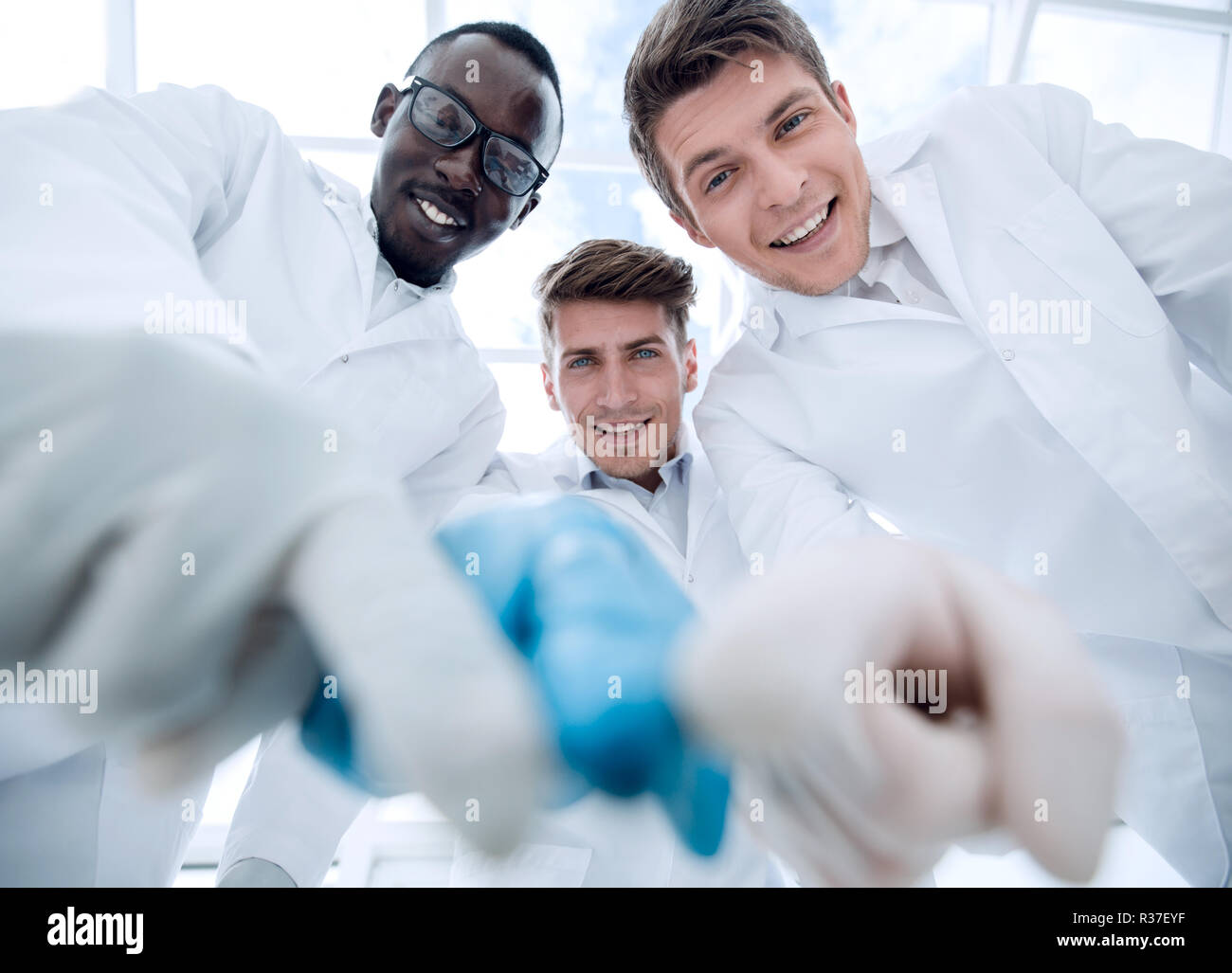 group of scientists pointing to the laboratory table Stock Photo - Alamy