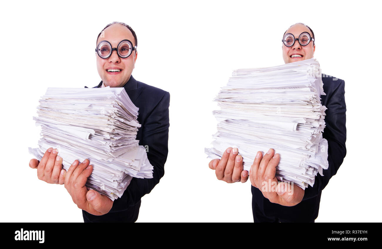 Funny man with lots of folders on white Stock Photo - Alamy