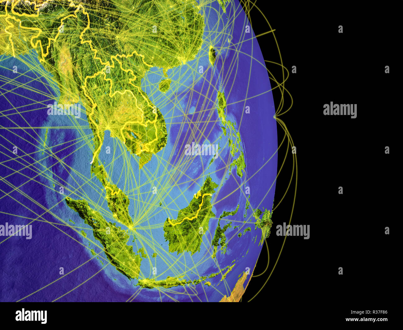 South East Asia on Earth with trajectories representing international ...