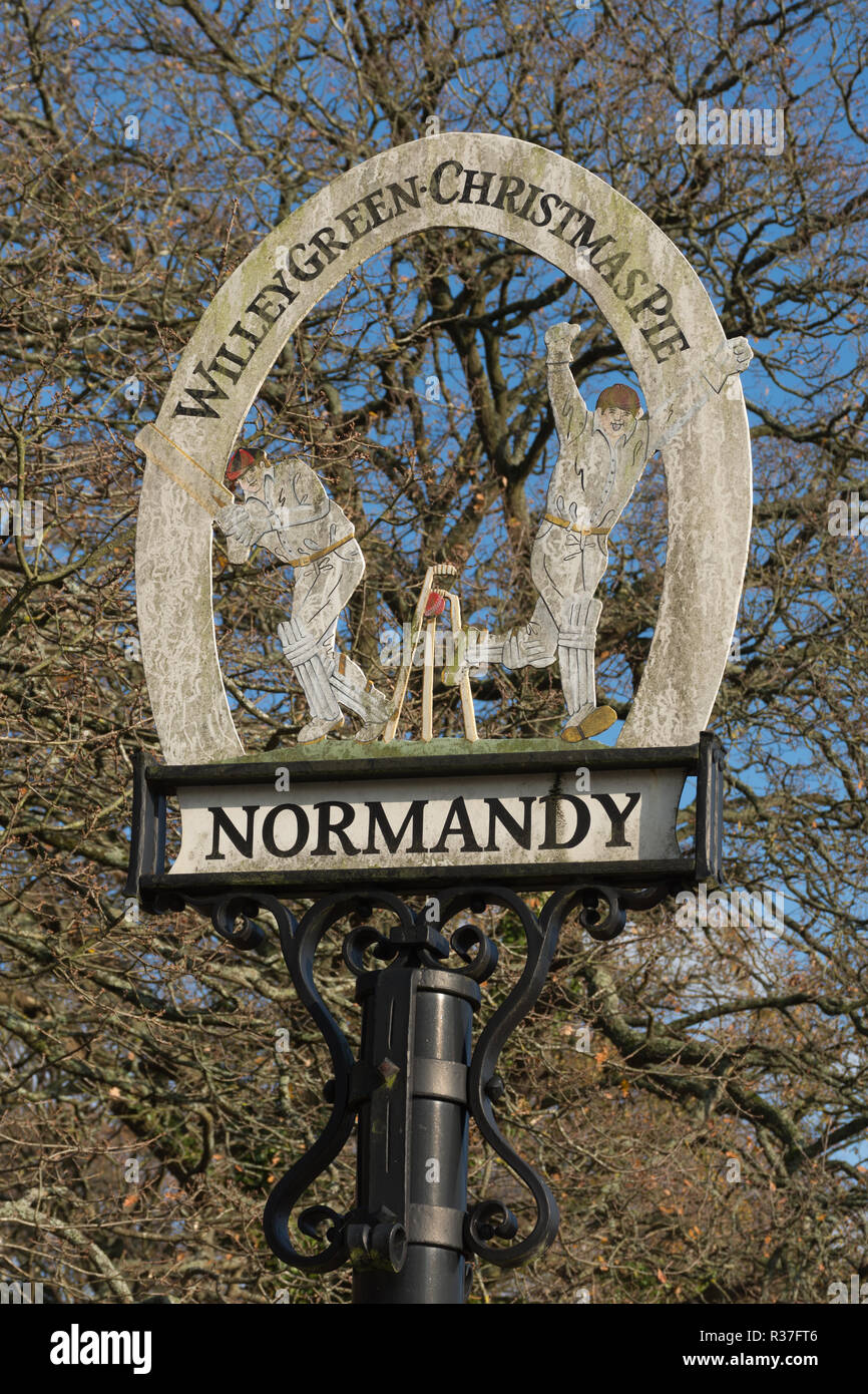 Village sign in the village of Normandy in Surrey, UK, also ...