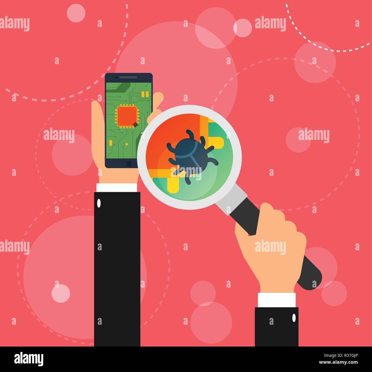 Vector flat mobile phone with CPU and computerbug seen through ...