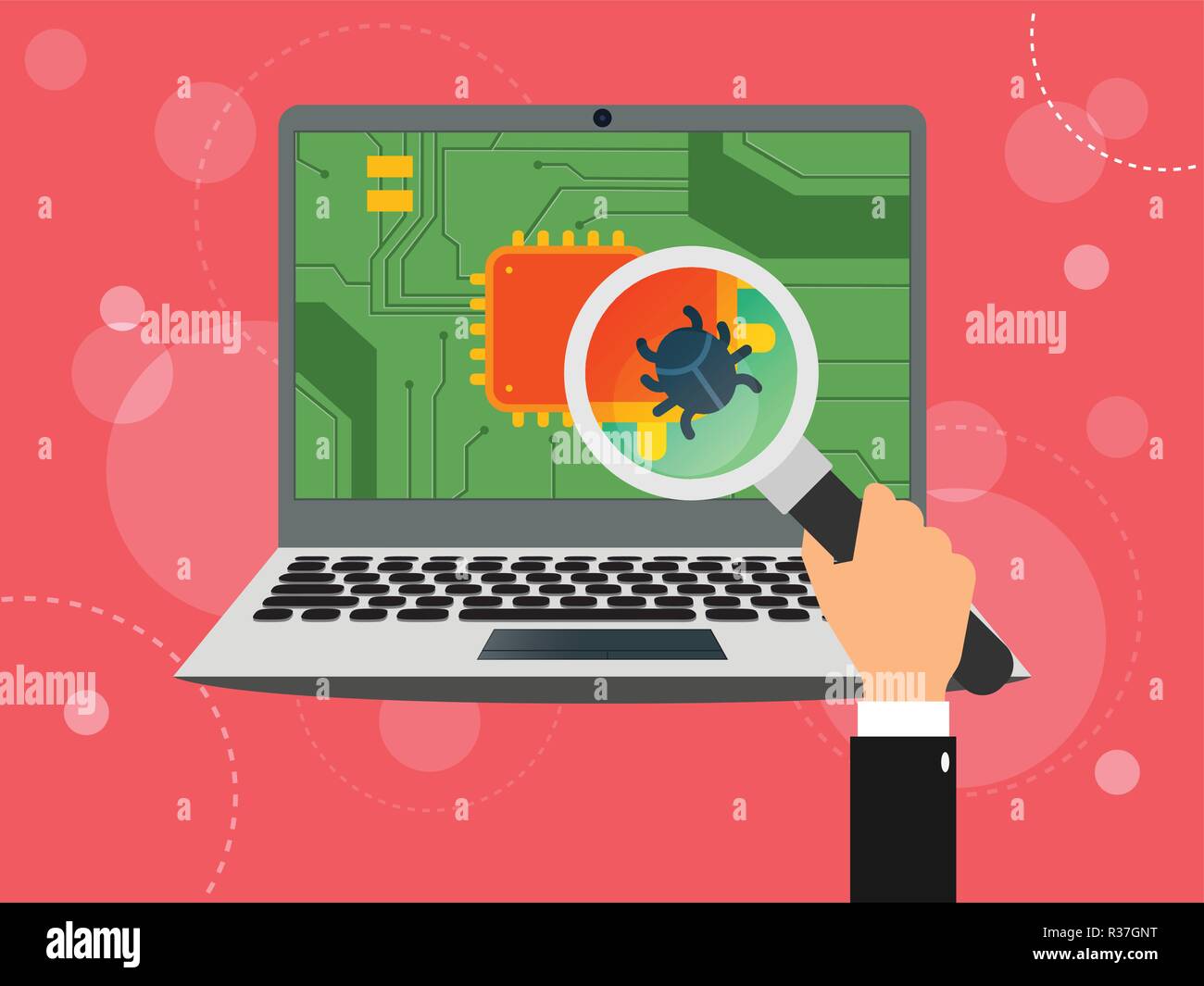 Vector flat laptop with CPU and computerbug seen through magnifying glass. Concept of Meltdown ...