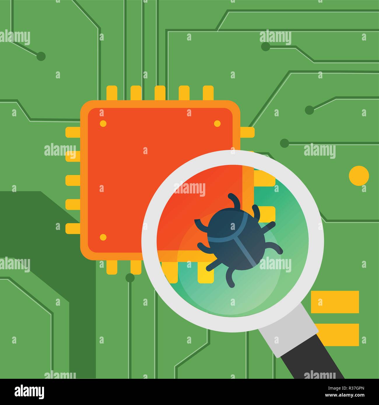 Vector flat motherboard with CPU and computerbug seen through magnifying glass. Concept of ...