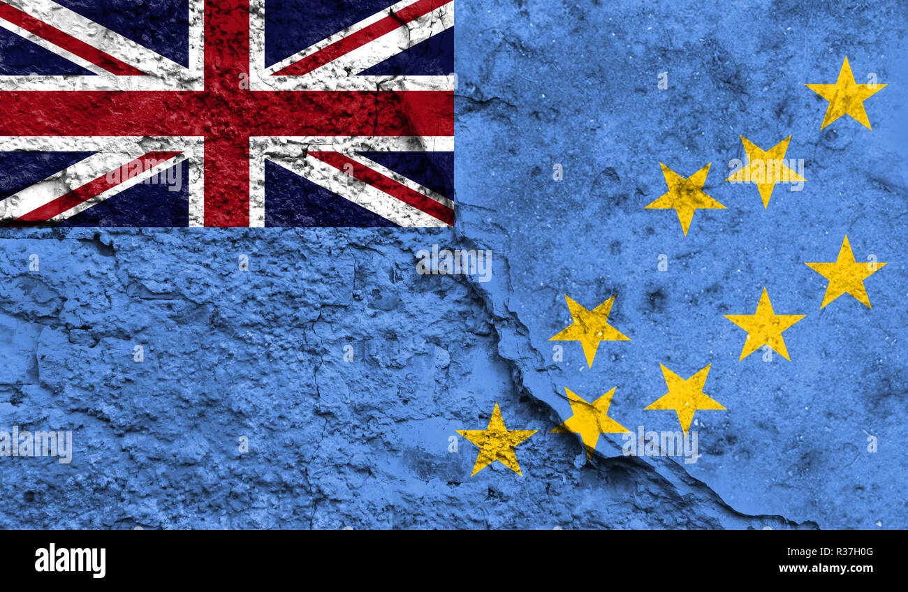 Flag of Tuvalu close up painted on a cracked wall, concept of armed ...