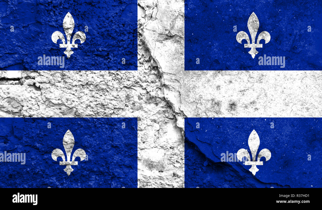 Flag of Quebec close up painted on a cracked wall, concept of armed ...