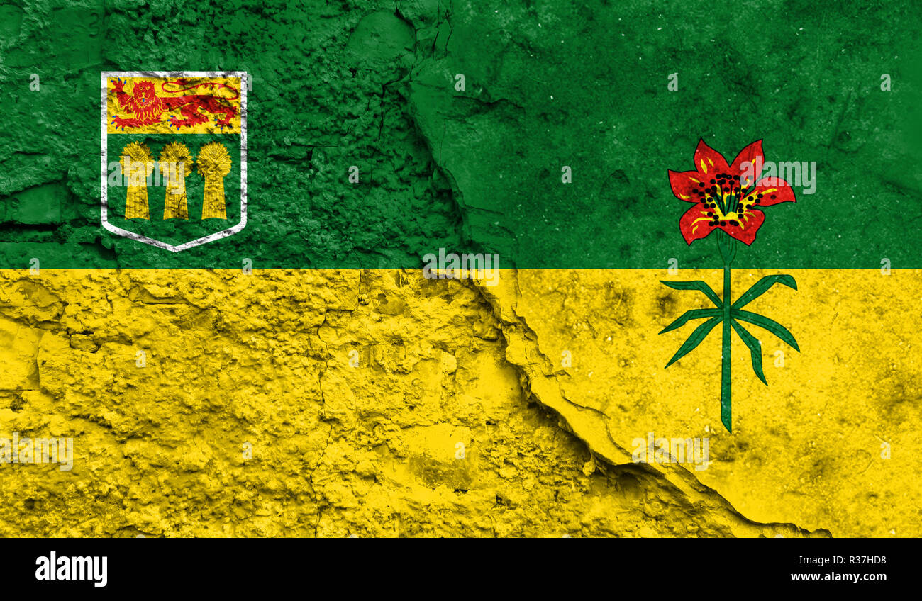 Flag of Saskatchewan close up painted on a cracked wall, concept of ...