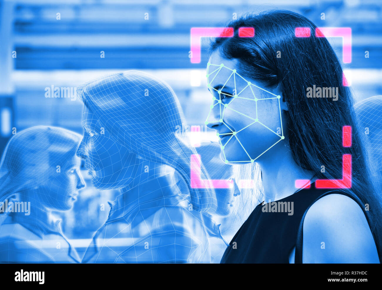 Sideview woman with transparency digital scan people for futuristic ...