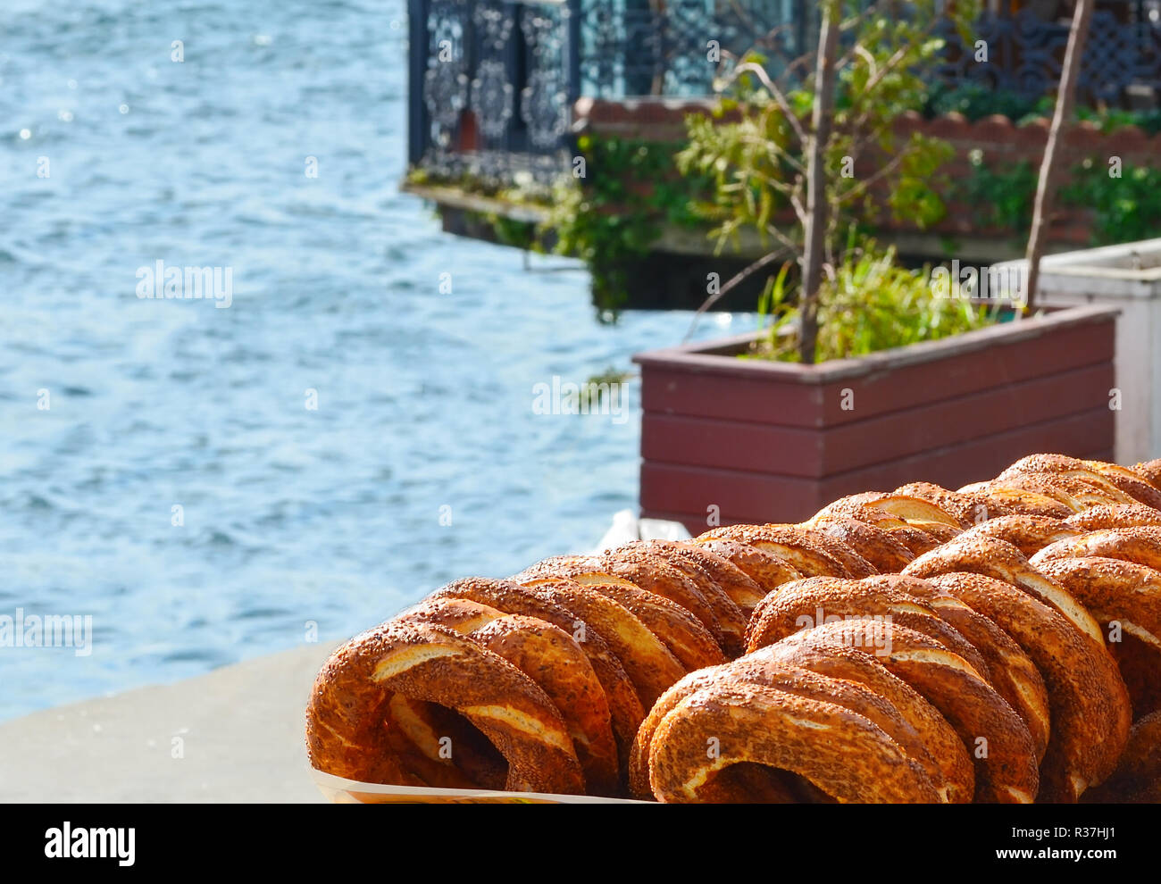 A Food stand with a traditional Turkish bagels - simits - on the ...