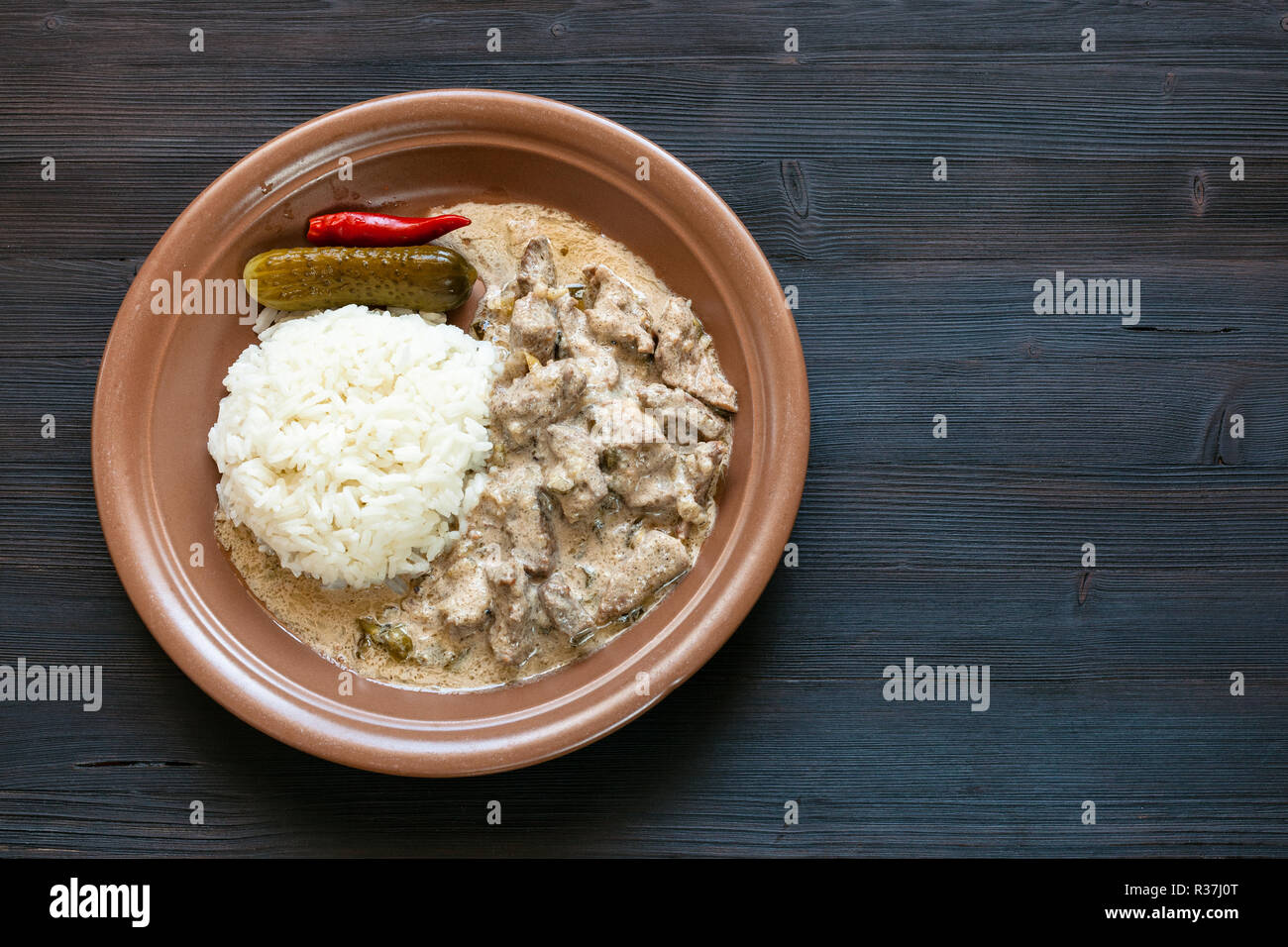 Russian cuisine dish - portion of Beef Stroganoff (Beef Stroganov ...