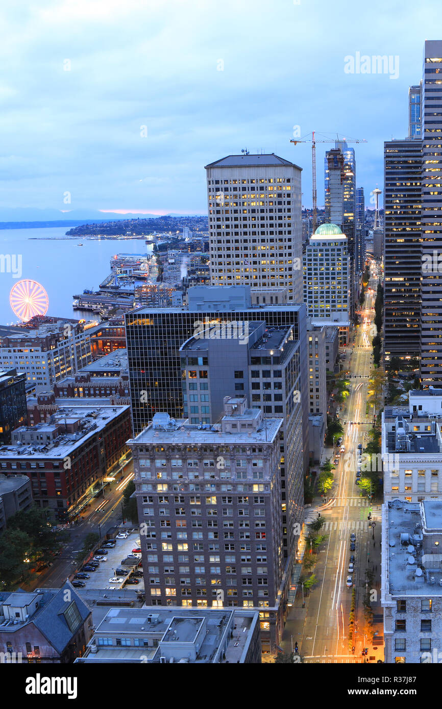 A Vertical aerial Seattle, Washington skyline at twilight Stock Photo ...