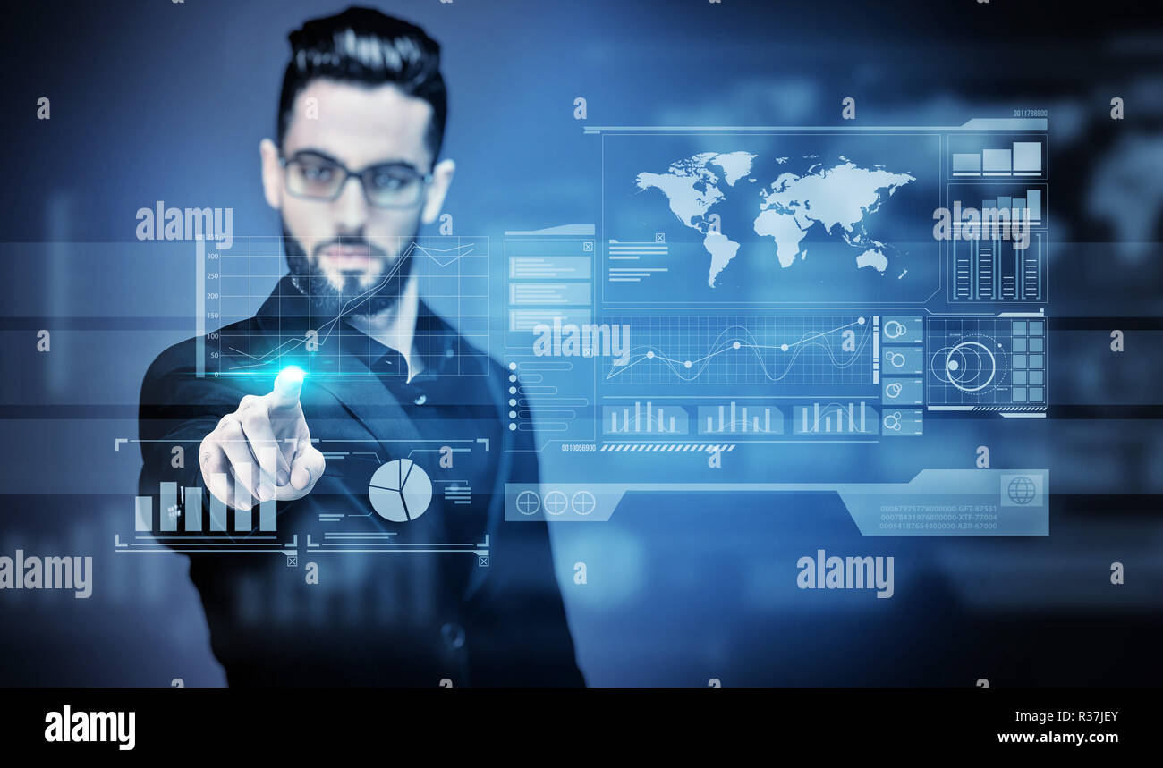 Businessman touching a virtual screen Stock Photo - Alamy Businessman touching a virtual screen Stock Photo - Alamy