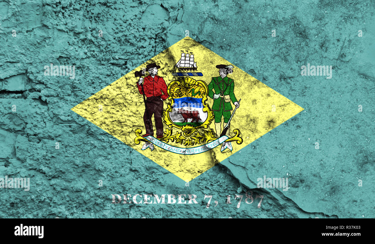 Flag State of Delaware close up painted on a cracked wall, concept of ...