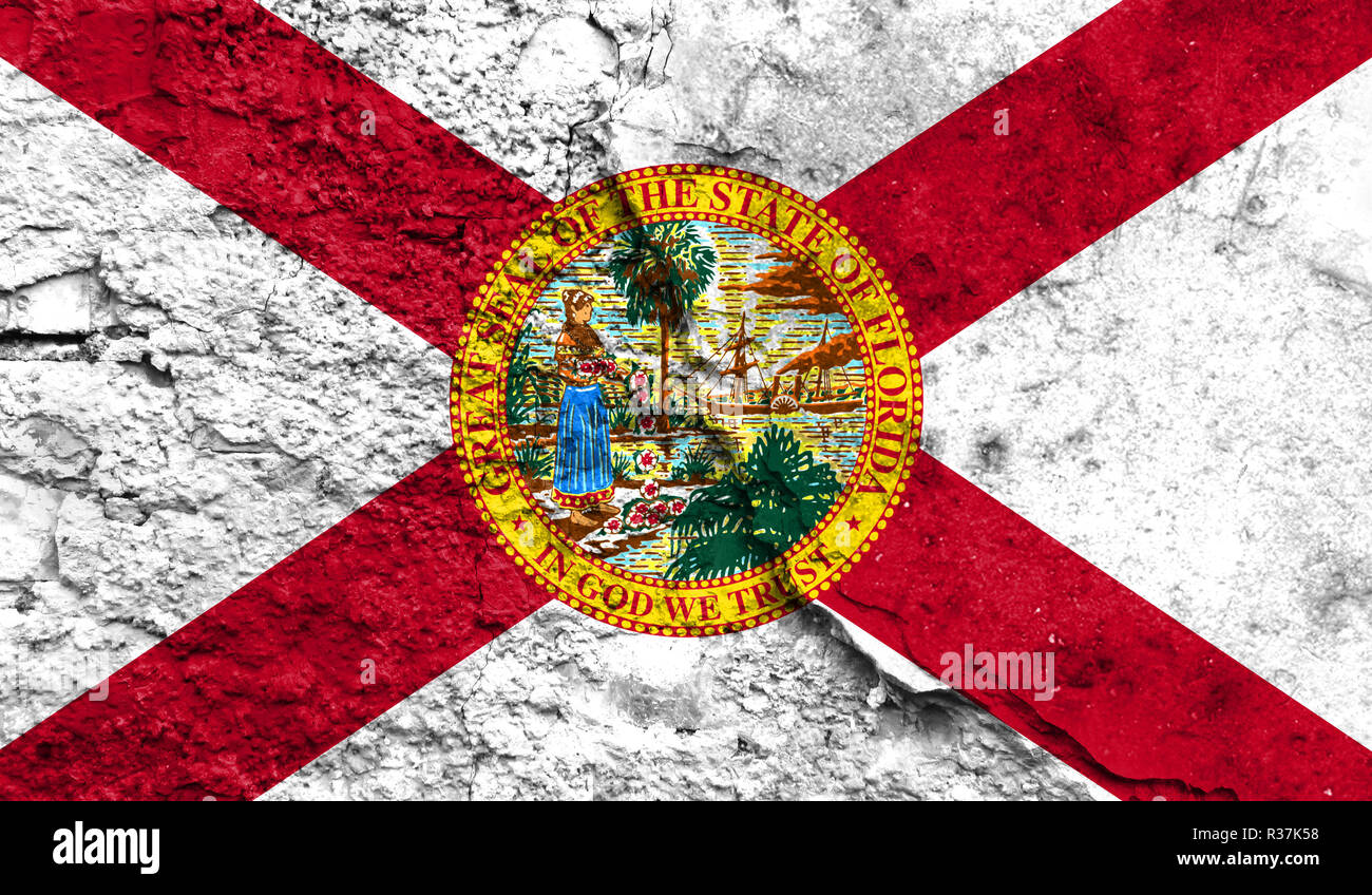 Flag State of Florida close up painted on a cracked wall, concept of ...